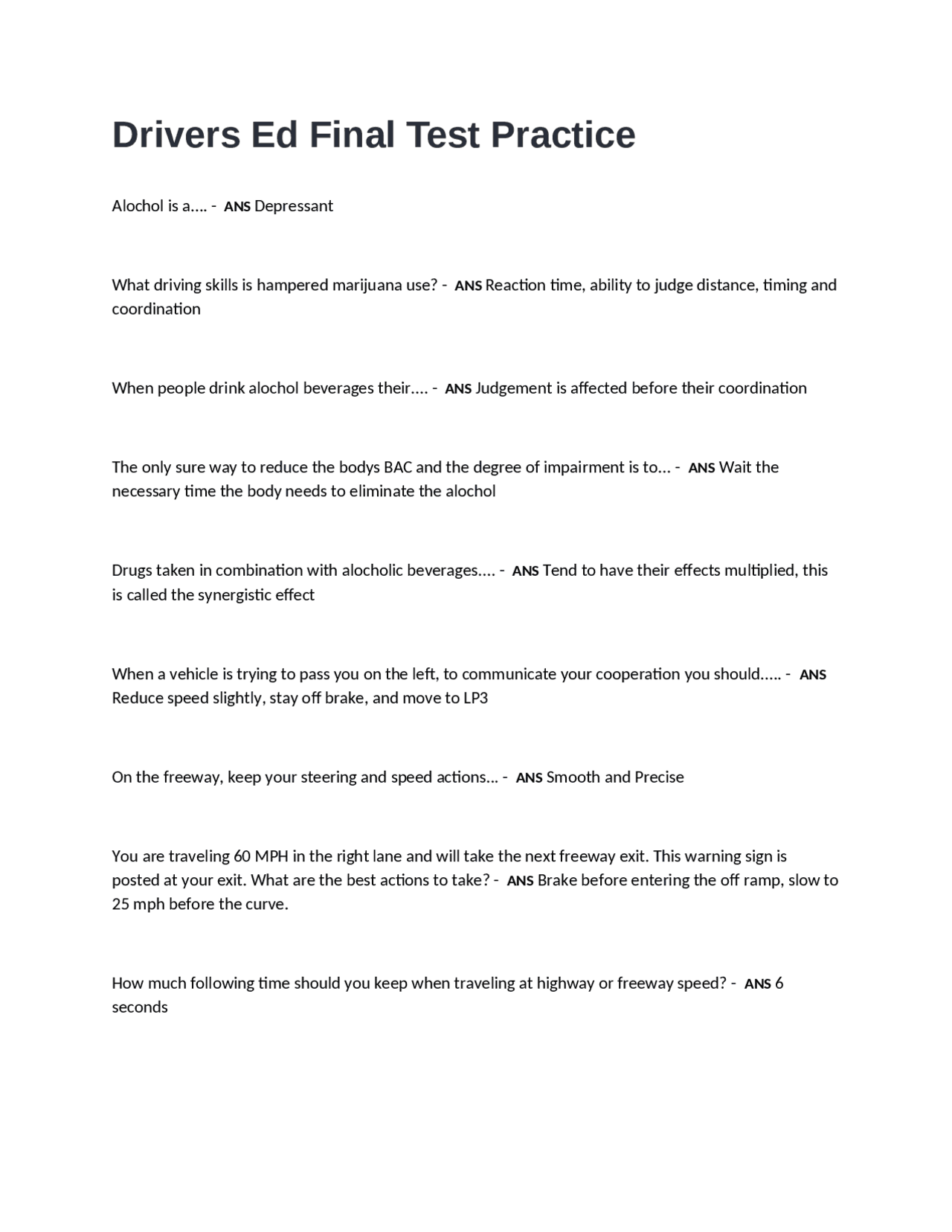 Drivers Education Final Test Practice Questions and Answers | Exams ...