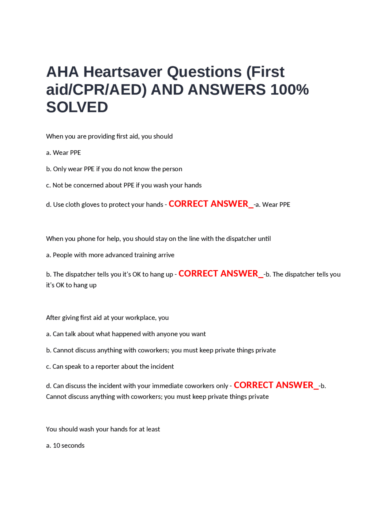 AHA Heartsaver Questions (First aid/CPR/AED) AND ANSWERS 100% SOLVED ...