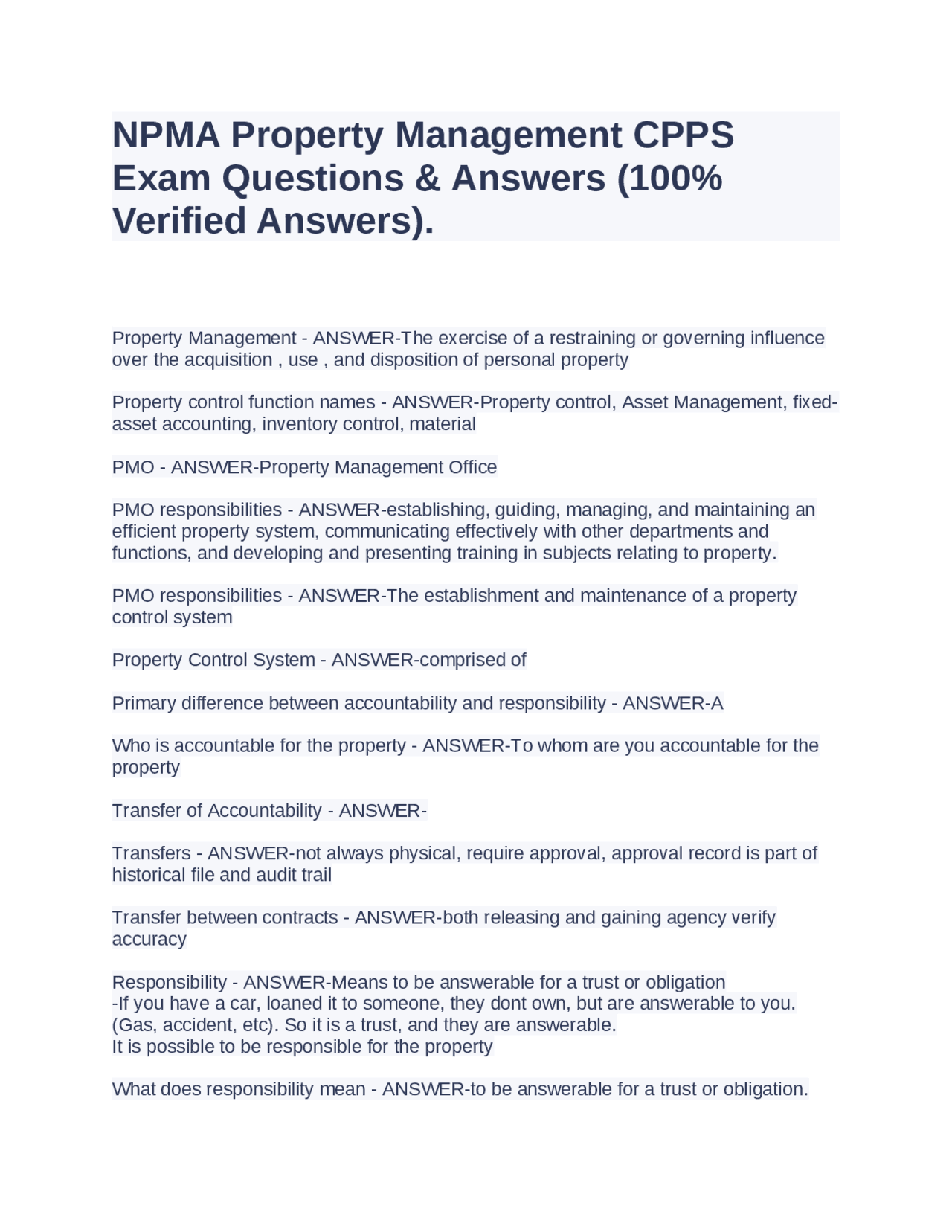 NPMA Property Management CPPS Exam Questions & Answers (100% Verified Answers). | Exams Property ...