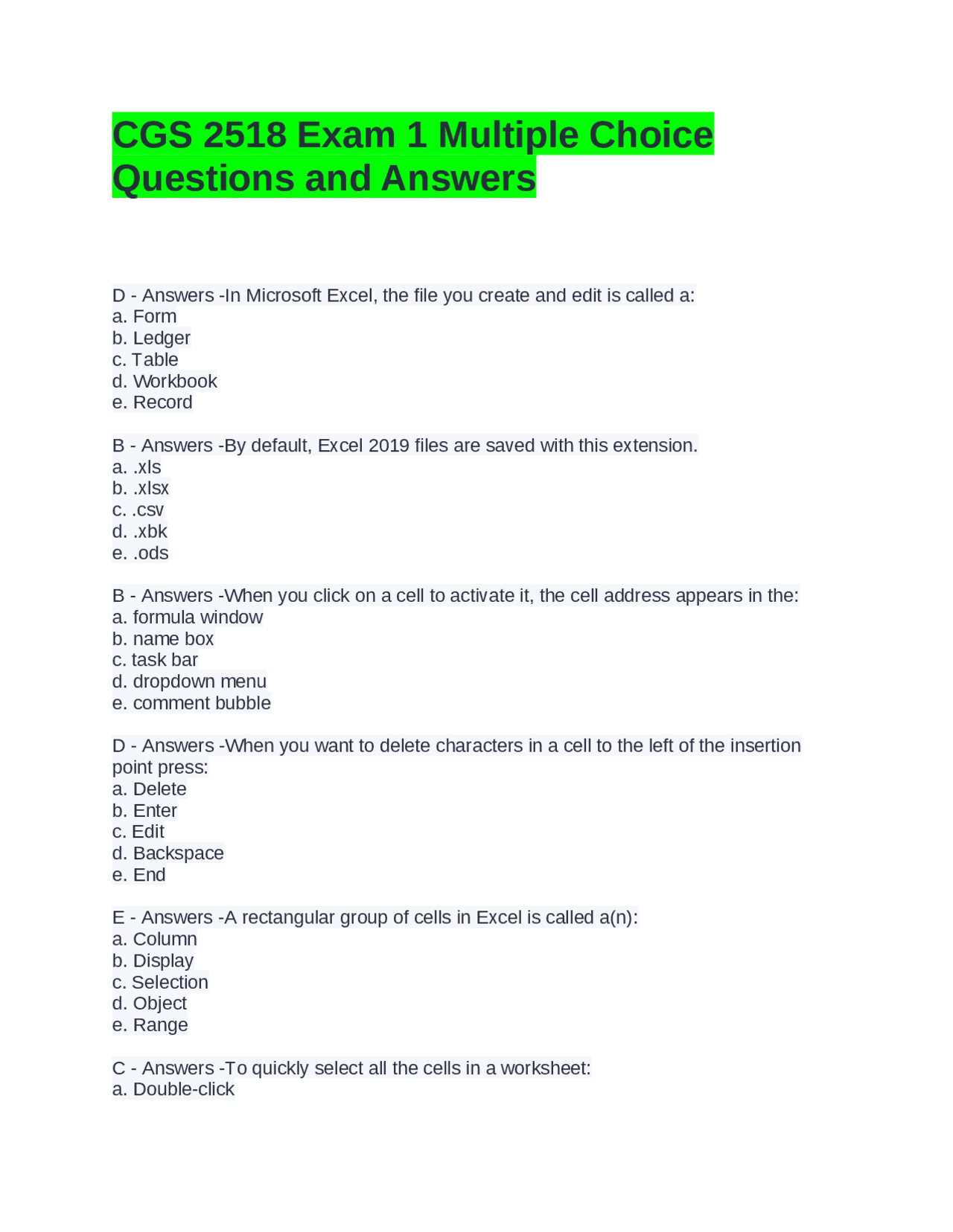 CGS 2518 Exam 1 Multiple Choice Questions and Answers | Exams Advanced Education | Docsity
