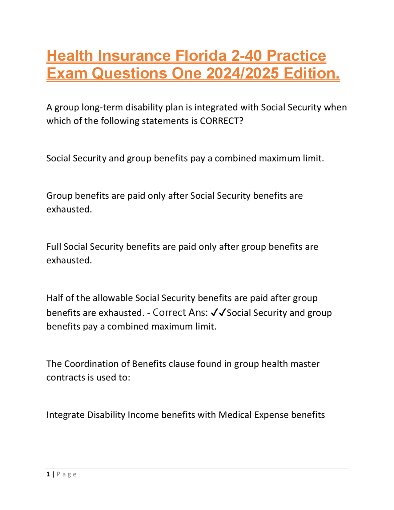 Health Insurance Florida 2-40 Practice Exam Questions One 2024/2025 ...