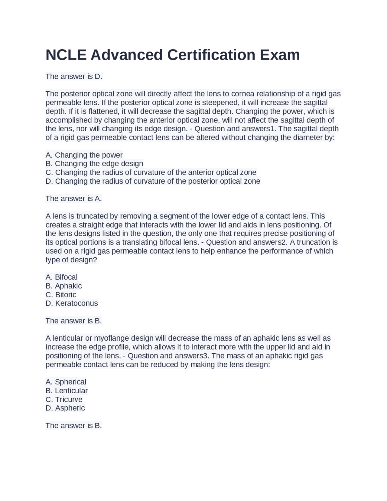 NCLE Advanced Certification Exam: Contact Lens Fitting Questions and ...