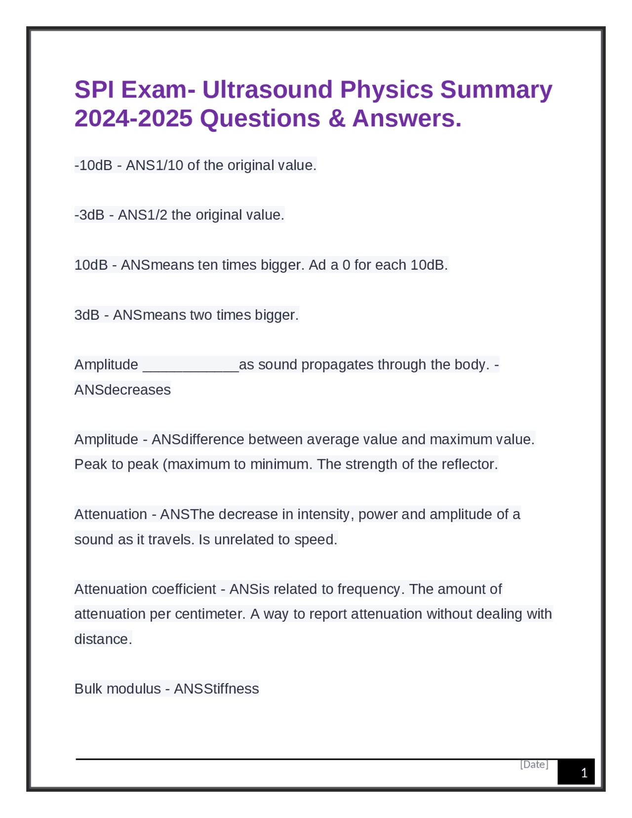 SPI Exam- Ultrasound Physics Summary 2024-2025 Questions & Answers ...