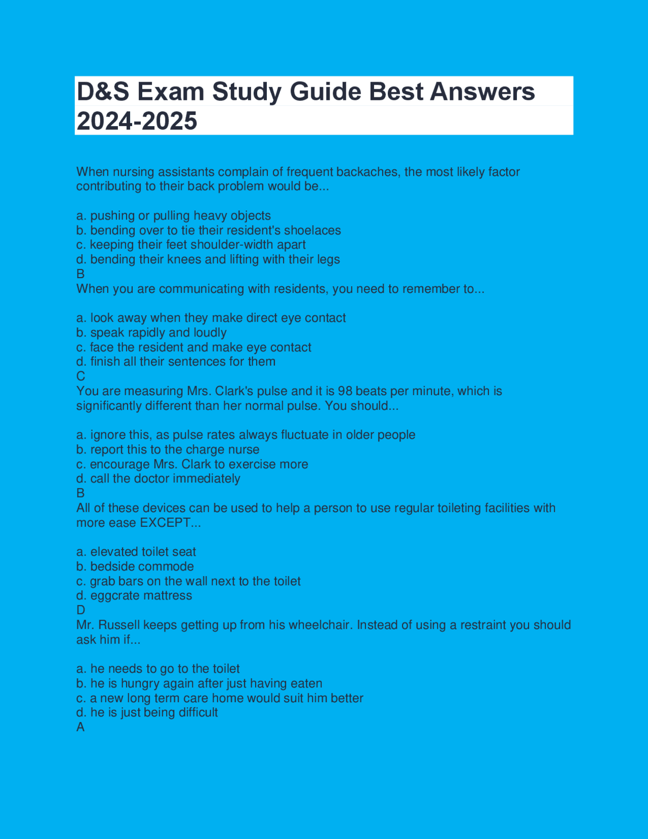D&S Exam Study Guide Best Answers 2024-2025 | Exams Health sciences ...