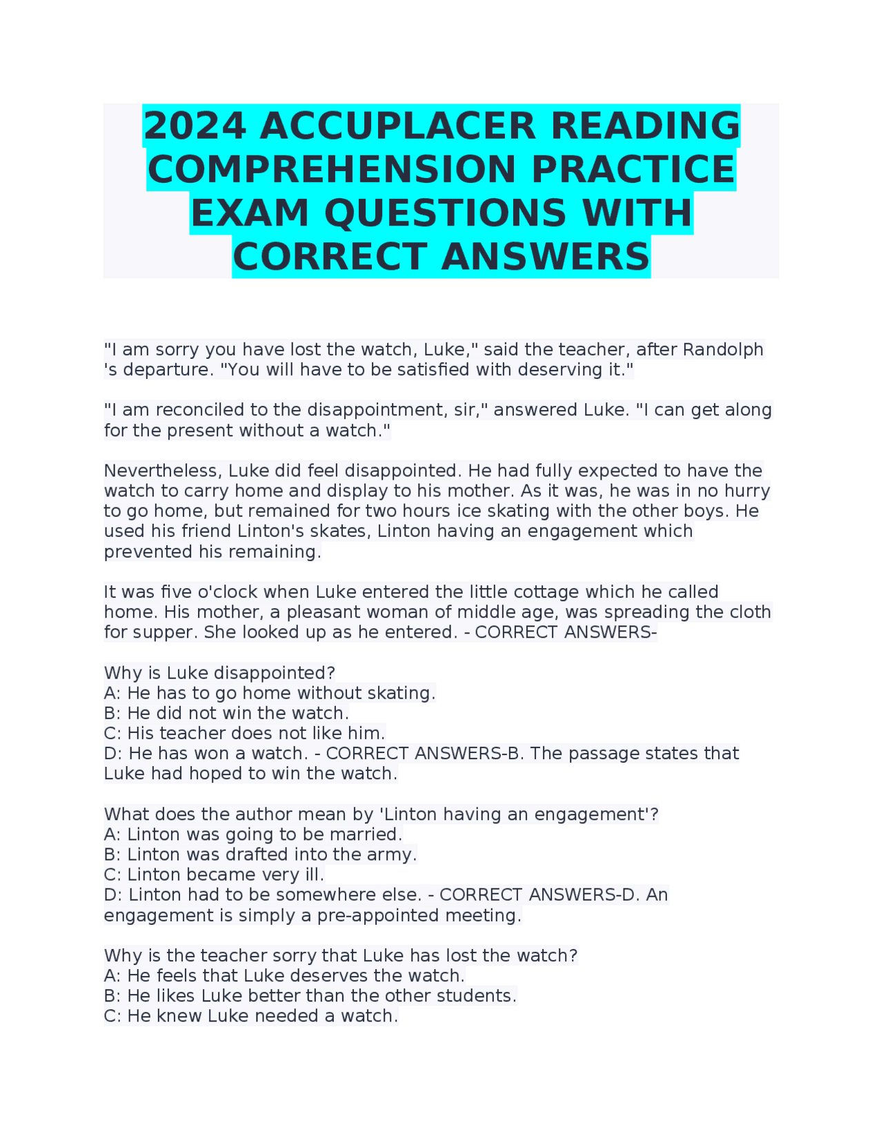 2024 ACCUPLACER READING COMPREHENSION PRACTICE EXAM QUESTIONS WITH ...
