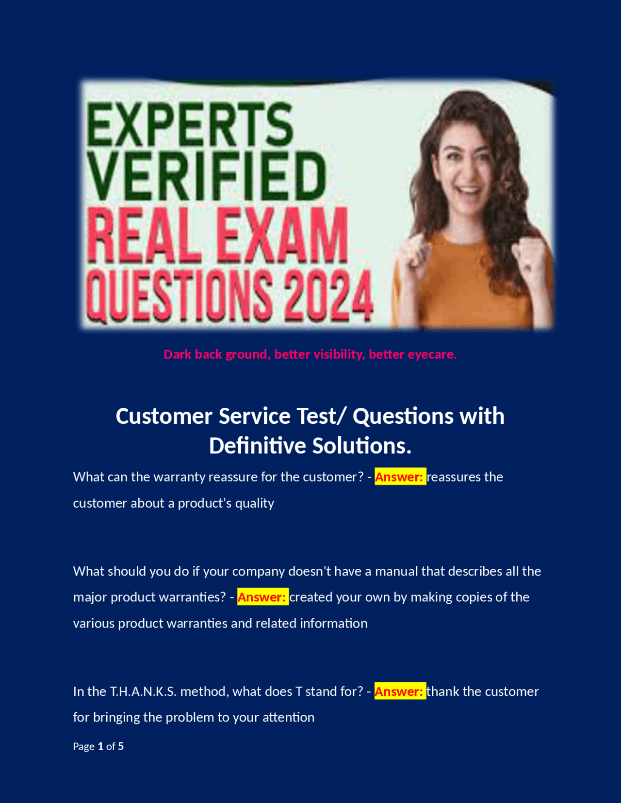 Customer Service Test/ Questions with Definitive Solutions. | Exams ...