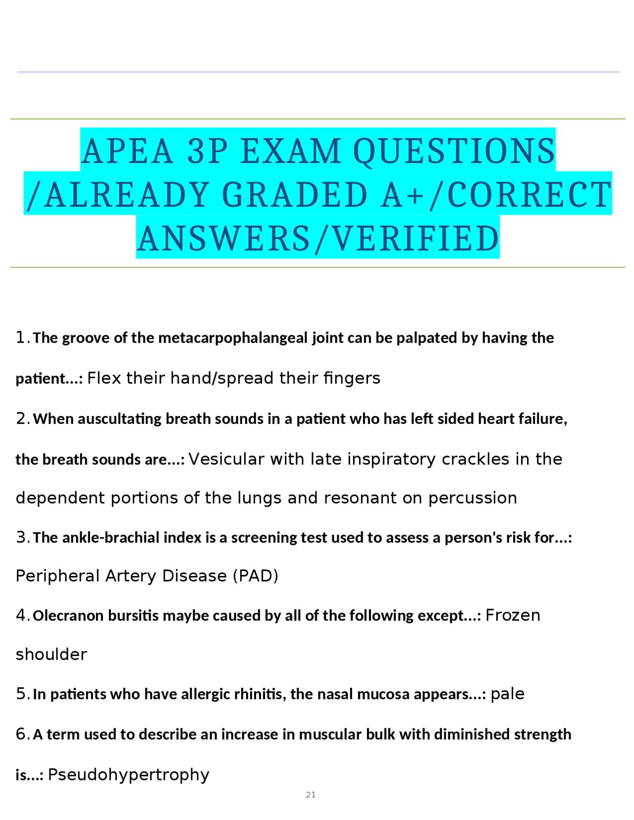APEA 3P EXAM QUESTIONS /ALREADY GRADED A+/CORRECT ANSWERS/VERIFIED ...