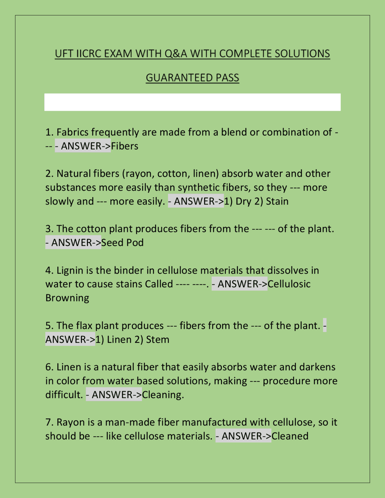 UFT IICRC EXAM WITH Q&A WITH COMPLETE SOLUTIONS GUARANTEED PASS | Exams ...