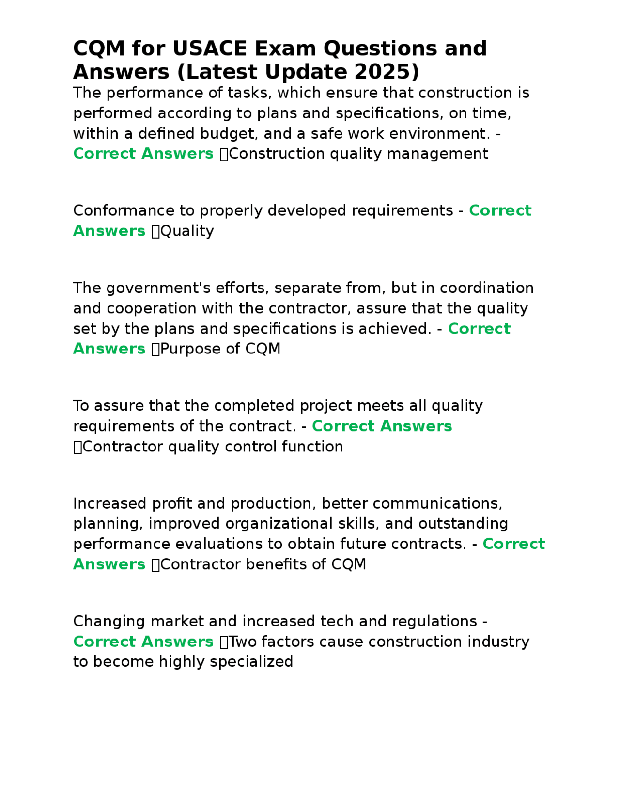 CQM for USACE Exam Questions and Answers (Latest Update 2025) | Exams ...