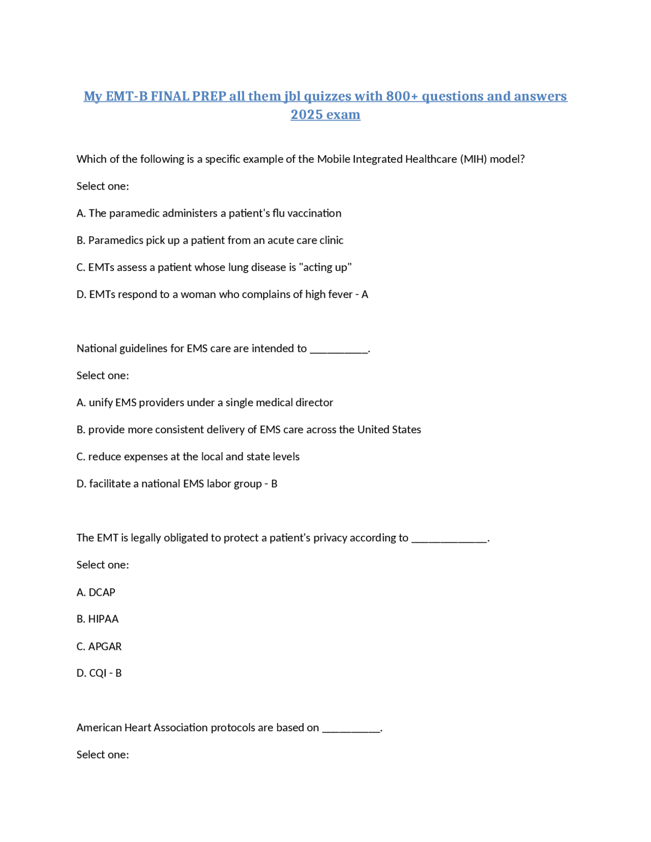 My EMT-B FINAL PREP all them jbl quizzes with 800+ questions and answers 2025 exam | Exams ...