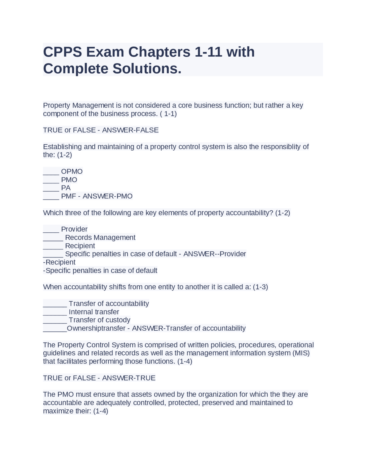 CPPS Exam Chapters 1-11 with Complete Solutions. | Exams Nursing | Docsity