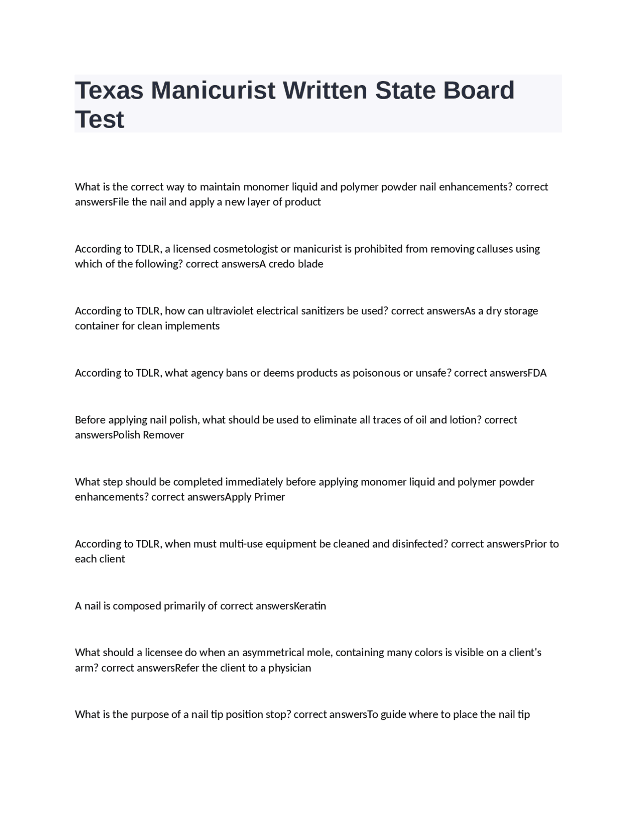 Texas Manicurist Written State Board Test | Exams Nursing | Docsity