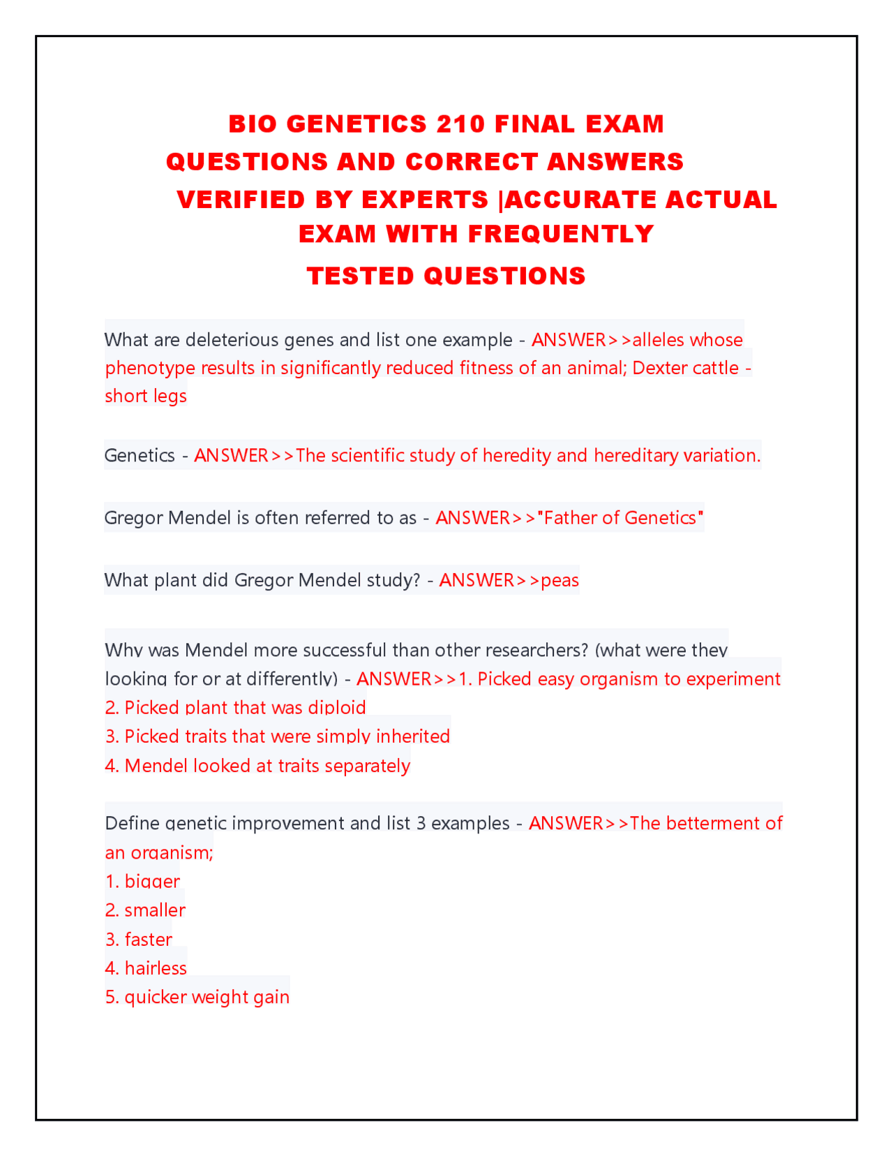 BIO GENETICS 210 FINAL EXAM QUESTIONS AND CORRECT ANSWERS VERIFIED BY ...