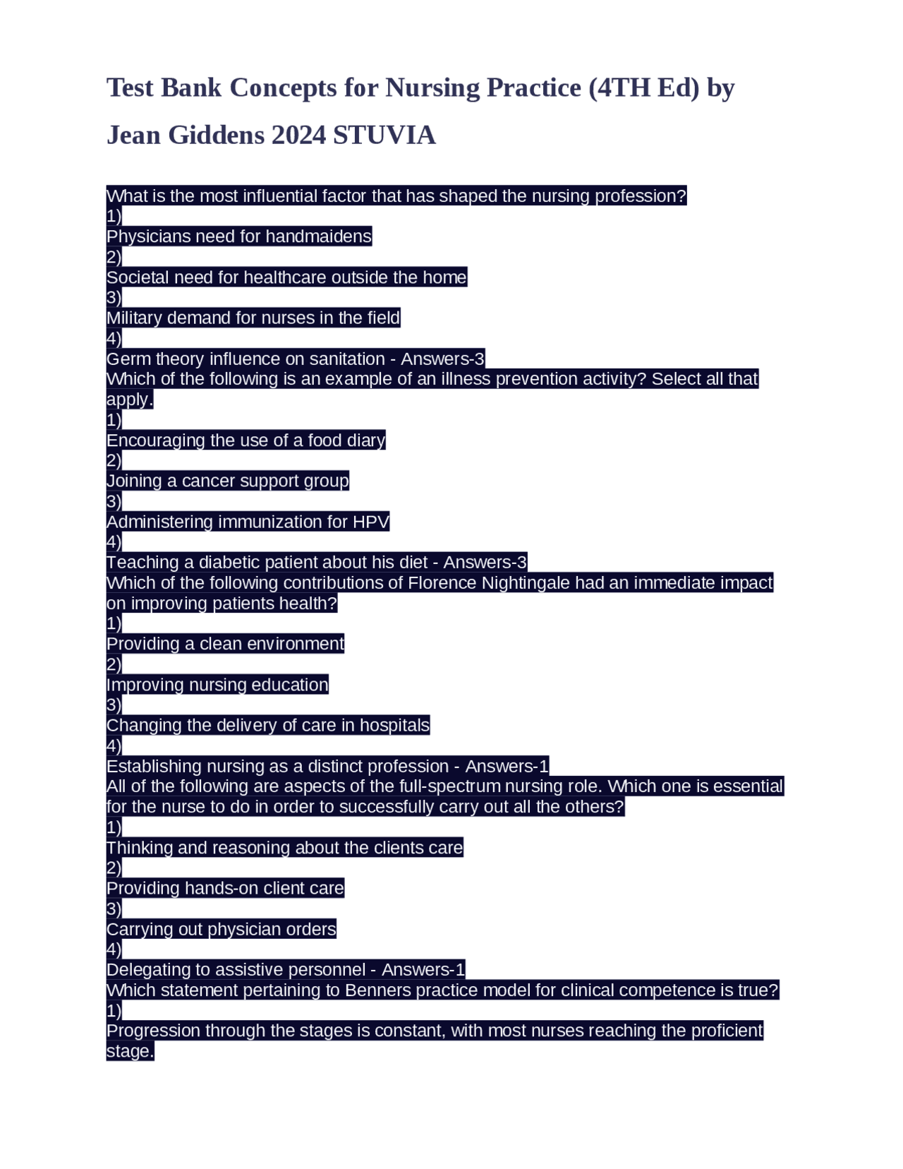 Test Bank Concepts for Nursing Practice (4TH Ed) by Jean Giddens 2024 ...