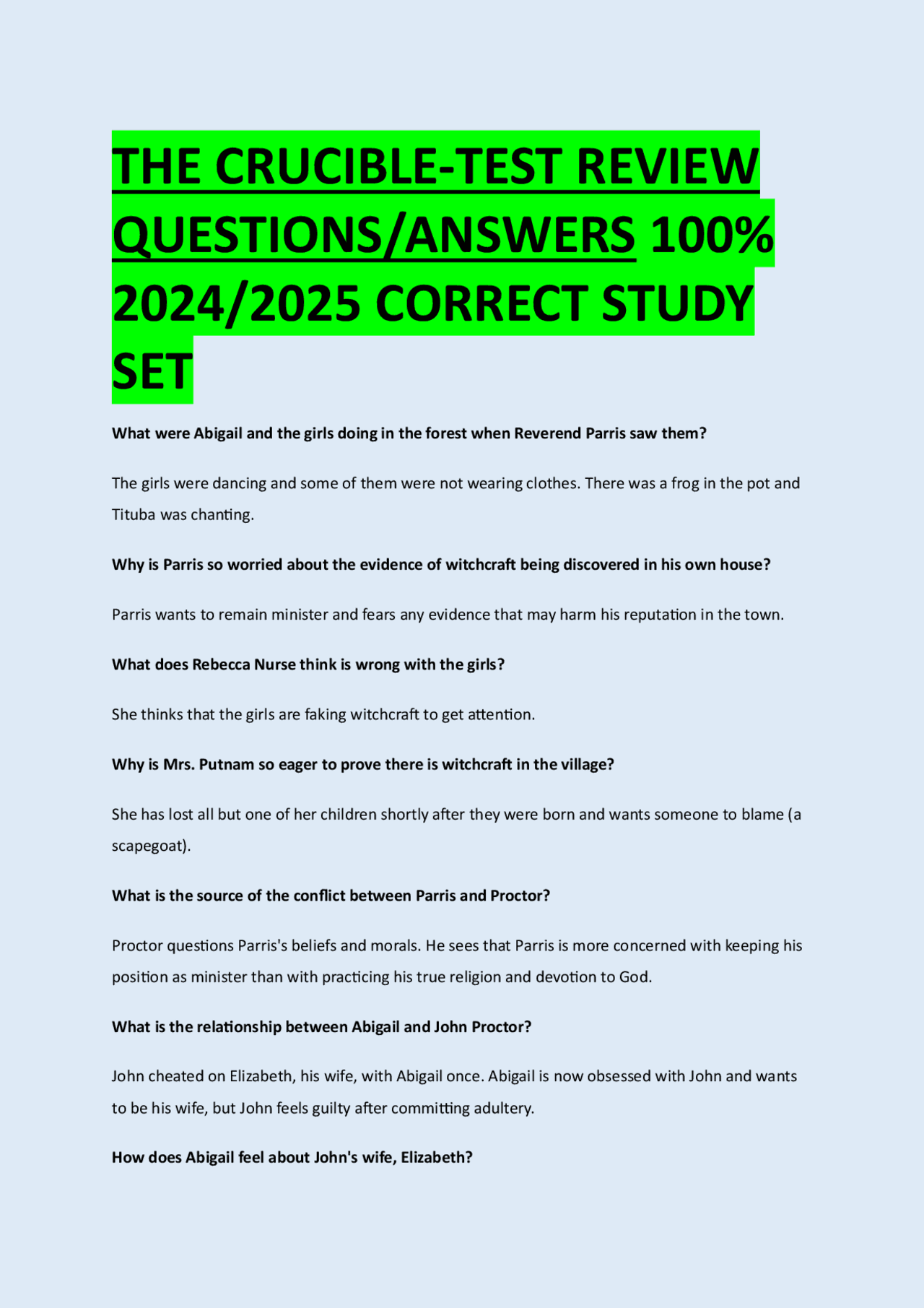 THE CRUCIBLE-TEST REVIEW QUESTIONS/ANSWERS 100% 2024/2025 CORRECT STUDY ...