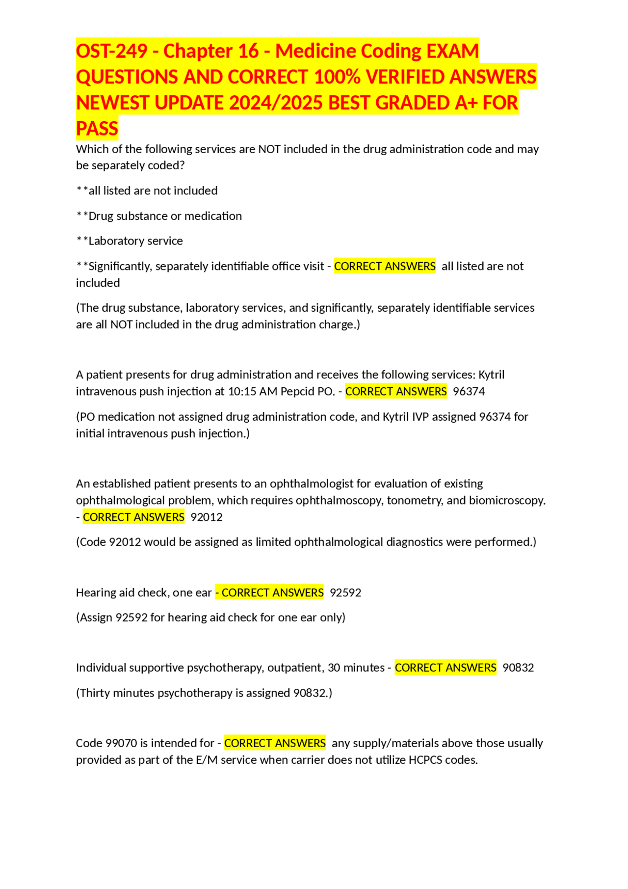 OST-249 - Chapter 16 - Medicine Coding EXAM QUESTIONS AND CORRECT 100% ...