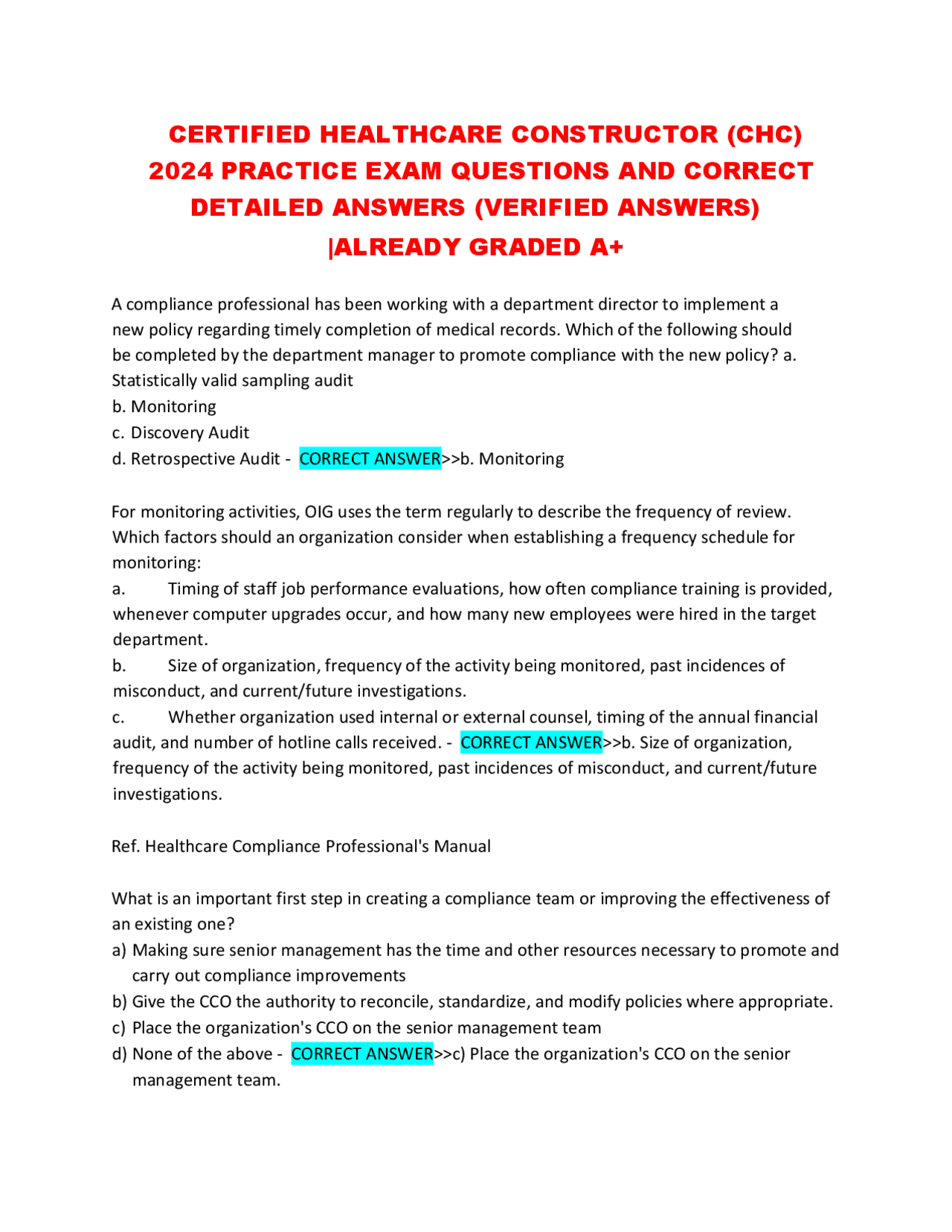 CERTIFIED HEALTHCARE CONSTRUCTOR (CHC) 2024 PRACTICE EXAM QUESTIONS AND ...