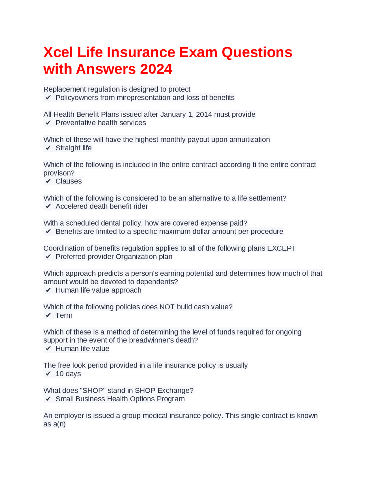 Xcel Life Insurance Exam Questions with Answers 2024 | Exams Business ...