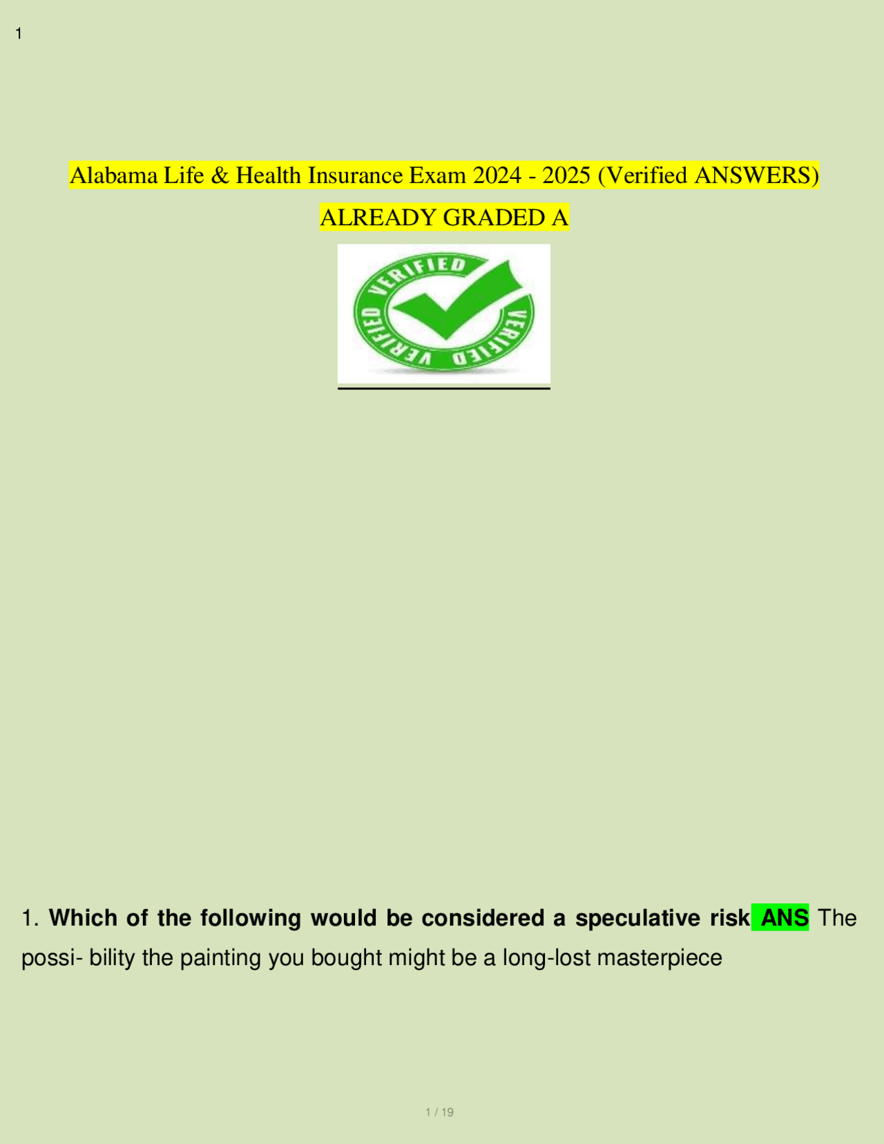 Alabama Life & Health Insurance Exam 2024 - 2025 (Verified ANSWERS ...