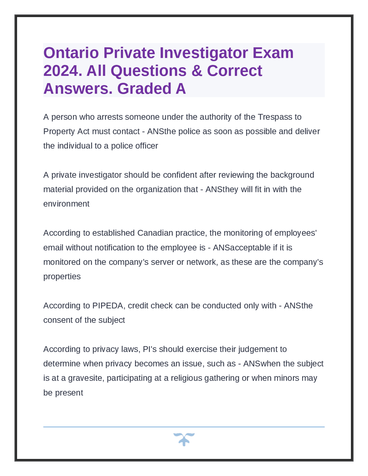 Ontario Private Investigator Exam: Questions and Answers | Exams ...