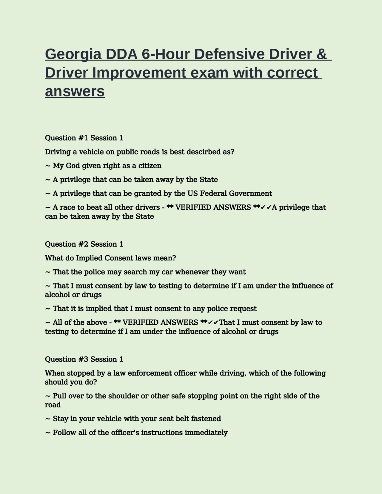 Georgia DDA 6-Hour Defensive Driver & Driver Improvement exam with ...