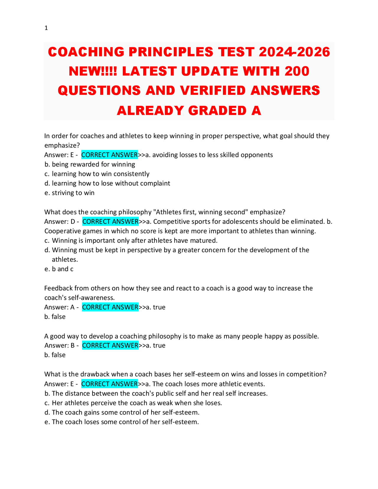 COACHING PRINCIPLES TEST 2024-2026 NEW!!!! LATEST UPDATE WITH 200 ...