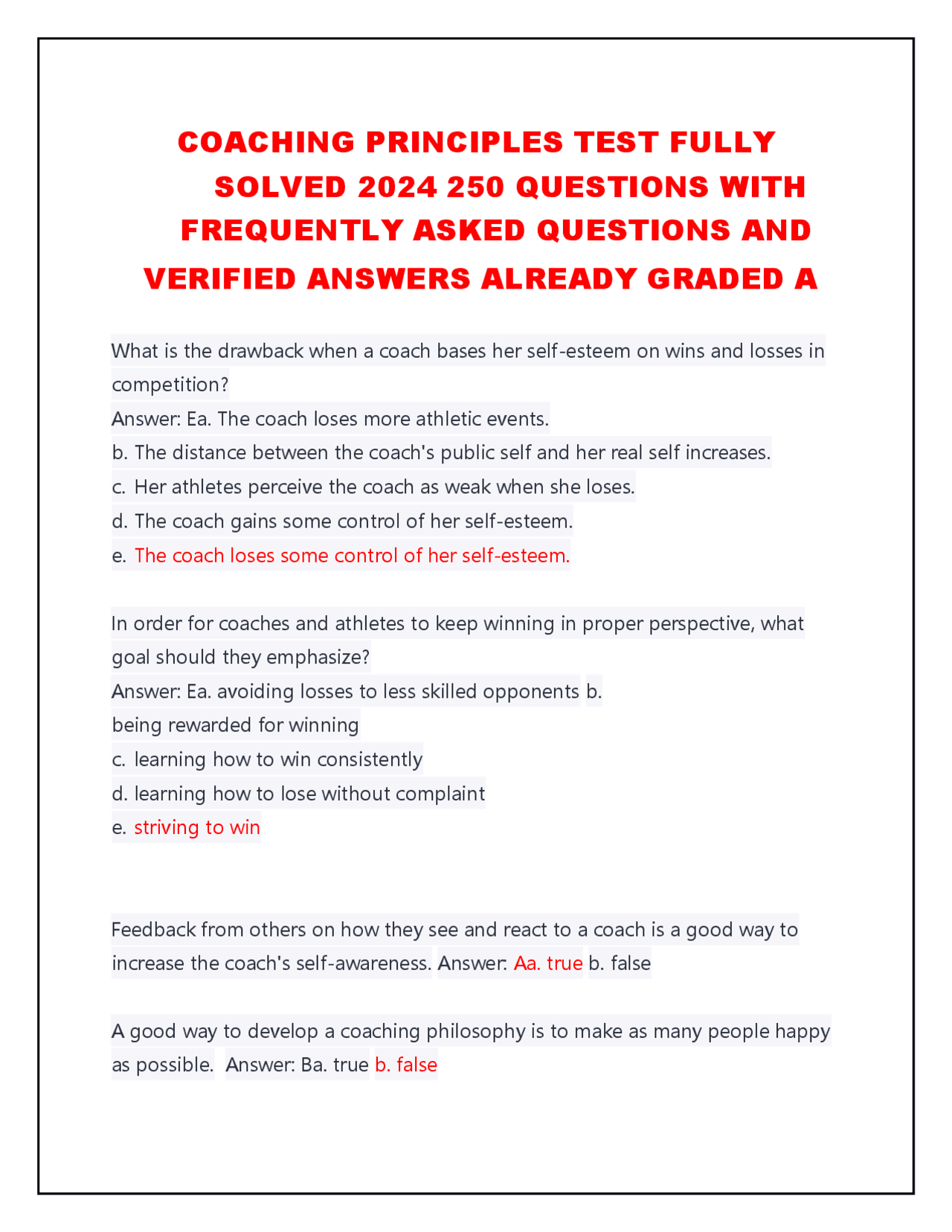 COACHING PRINCIPLES TEST FULLY SOLVED 2024 250 QUESTIONS WITH ...