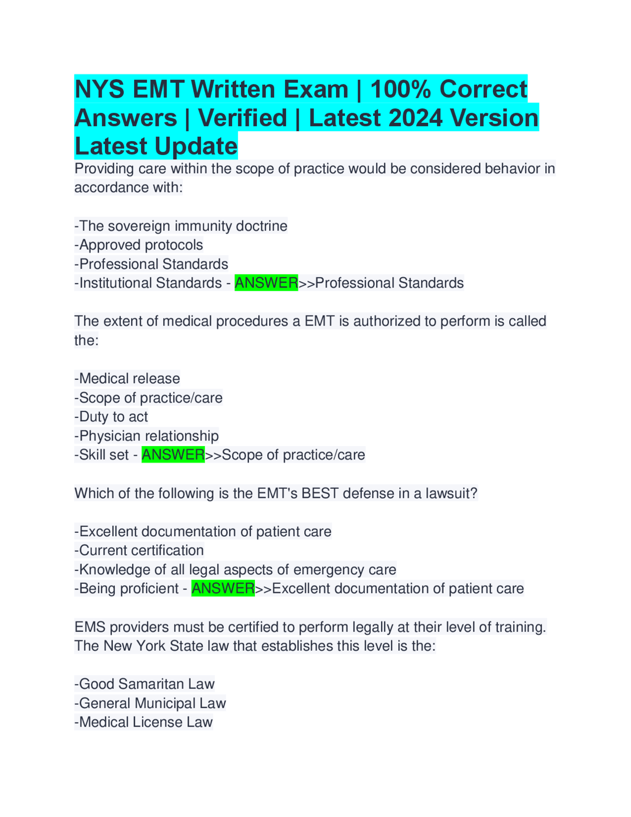 NYS EMT Written Exam | 100% Correct Answers | Verified | Latest 2024 ...