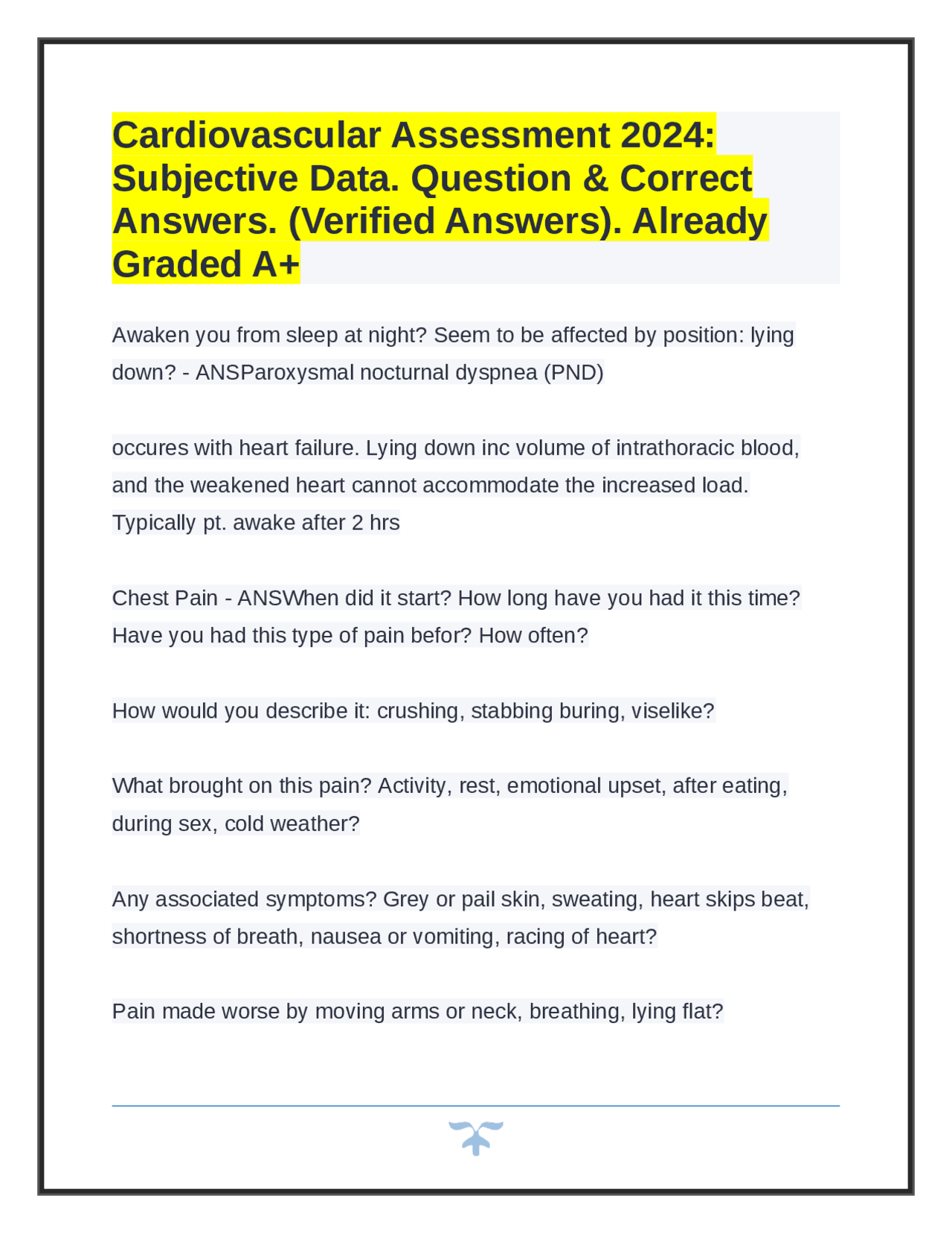 Cardiovascular Assessment 2024: Subjective Data. Question & Correct ...