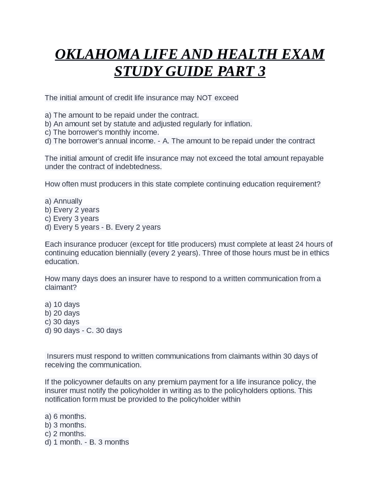 OKLAHOMA LIFE AND HEALTH EXAM STUDY GUIDE PART 3 | Exams Advanced ...