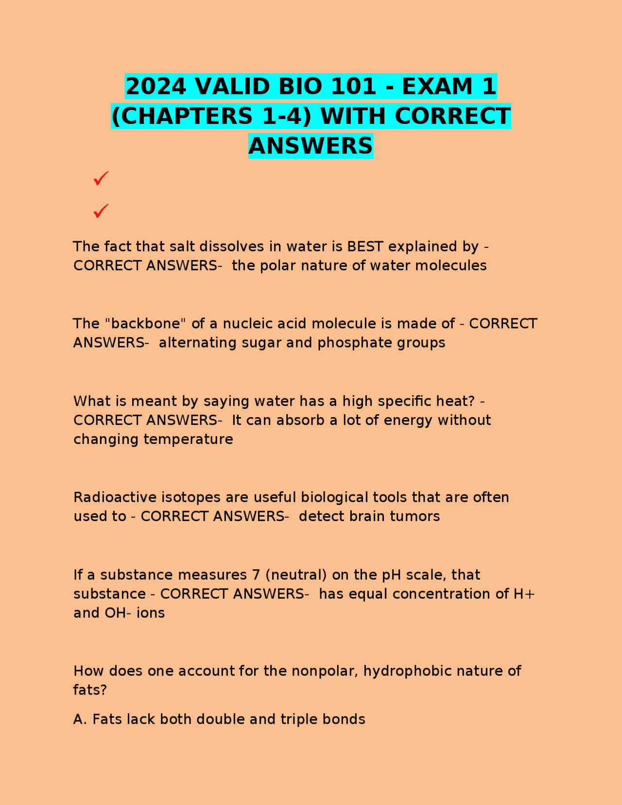 2024 VALID BIO 101 - EXAM 1 (CHAPTERS 1-4) WITH CORRECT ANSWERS | Exams ...