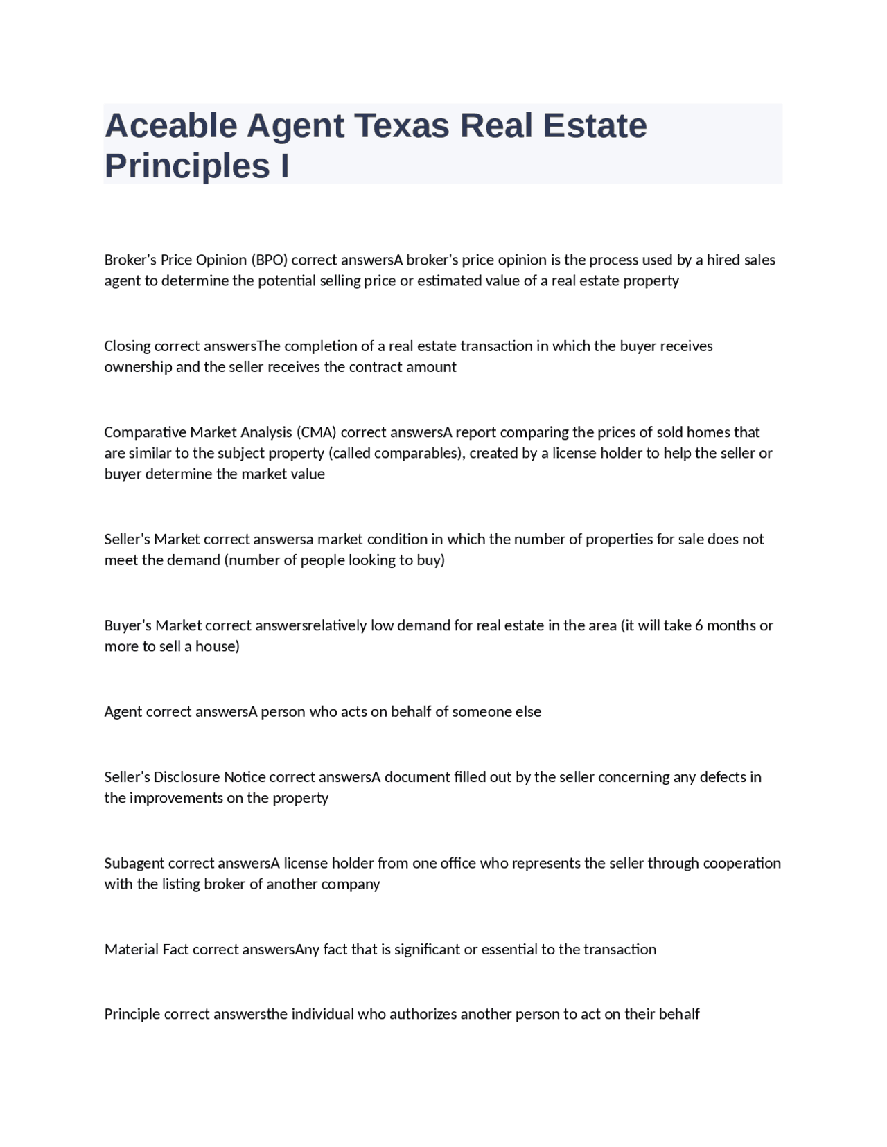 Aceable Agent Texas Real Estate Principles I | Exams Nursing | Docsity