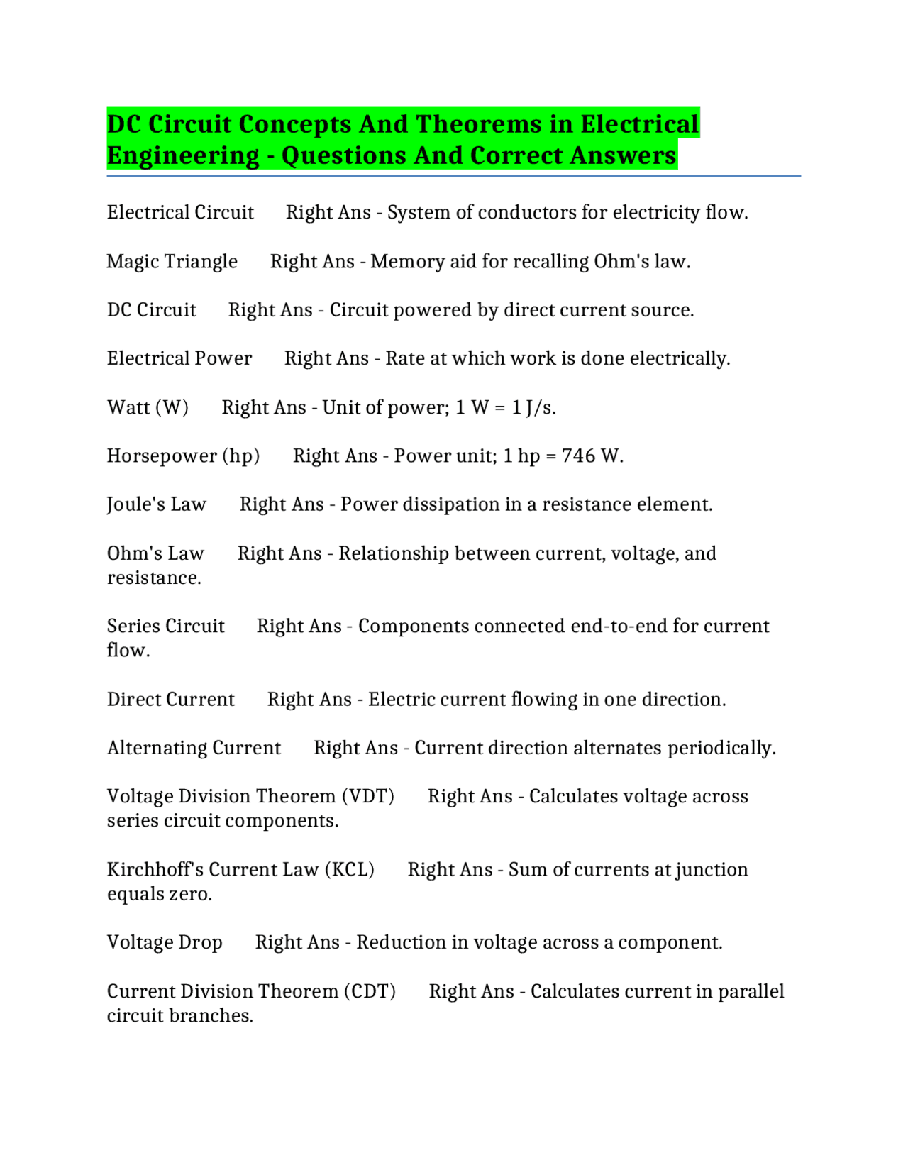 DC Circuit Concepts And Theorems in Electrical Engineering - Questions And Correct Answers ...