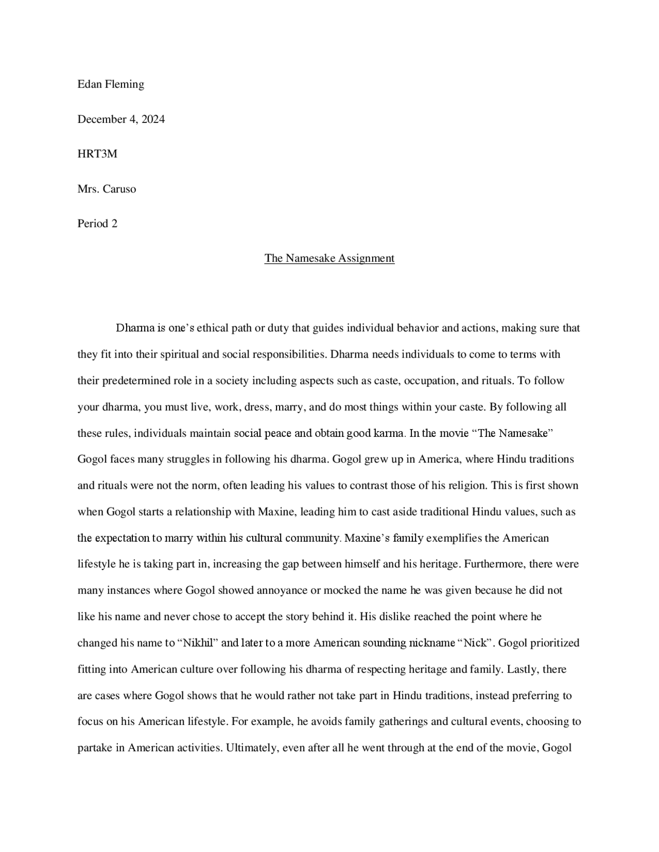 The namesake assignment | Essays (high school) Religious studies | Docsity