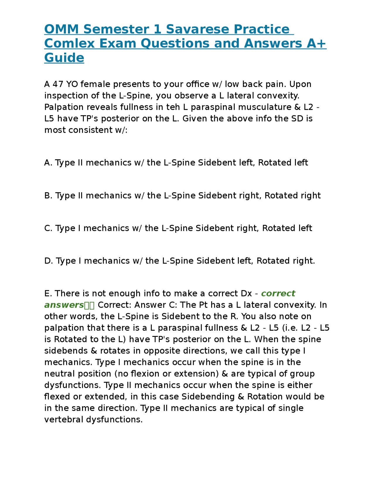 OMM Semester 1 Savarese Practice Comlex Exam Questions and Answers A+ ...