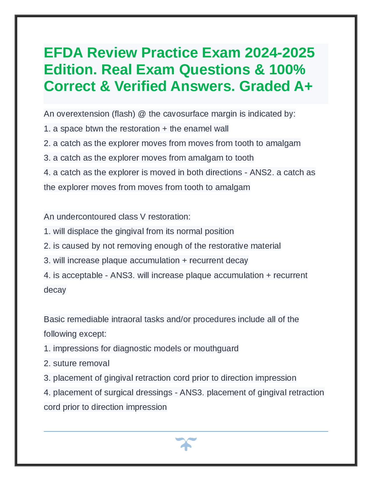 EFDA Review Practice Exam 2024-2025 Edition. Real Exam Questions & 100% Correct & Answers ...
