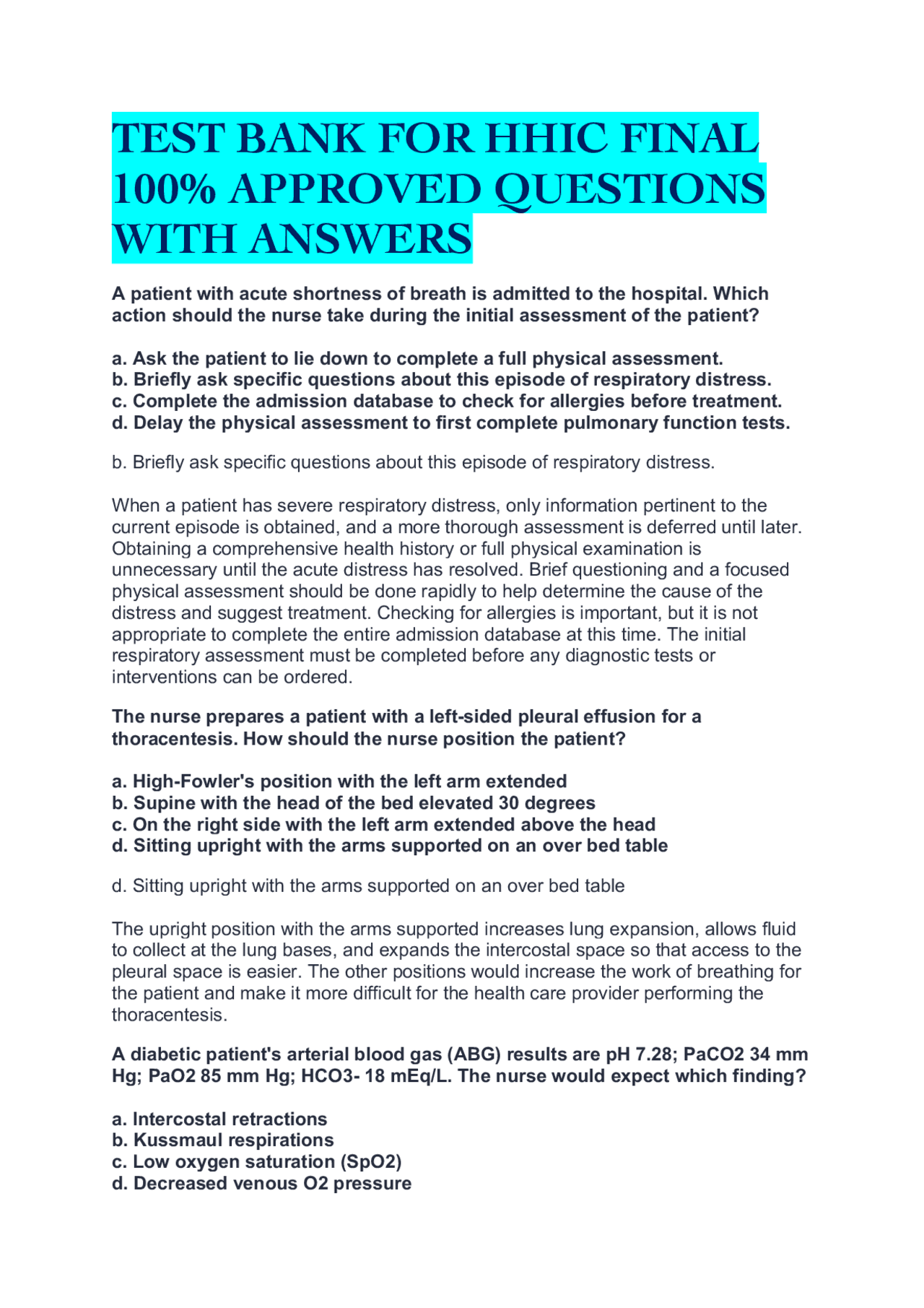 TEST BANK FOR HHIC FINAL 100% APPROVED QUESTIONS WITH ANSWERS | Exams ...