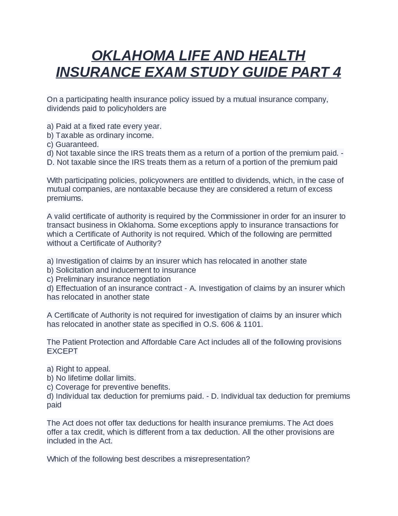 OKLAHOMA LIFE AND HEALTH INSURANCE EXAM STUDY GUIDE PART 4 | Exams ...