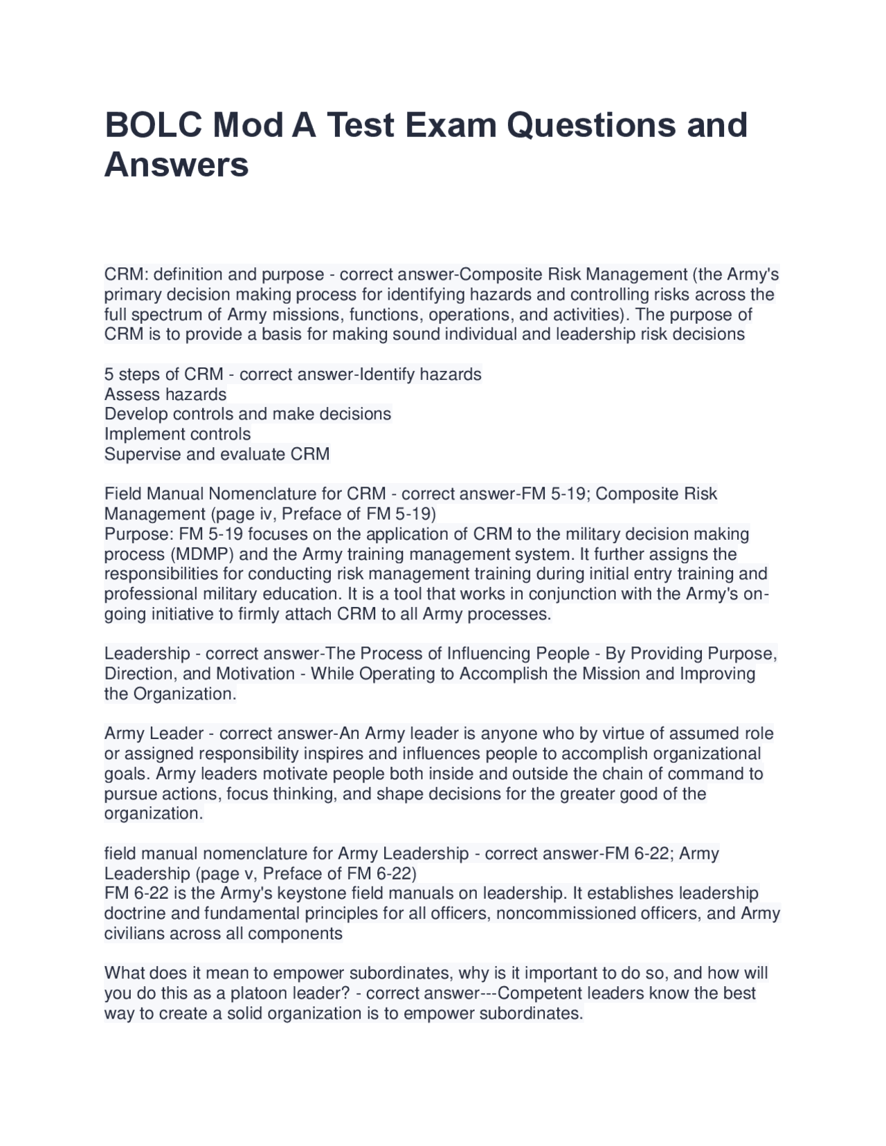 BOLC Mod A Test Exam Questions and Answers | Exams Advanced Education ...