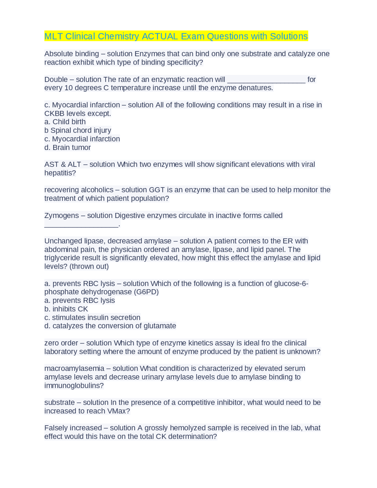 MLT Clinical Chemistry ACTUAL Exam Questions with Solutions | Exams ...