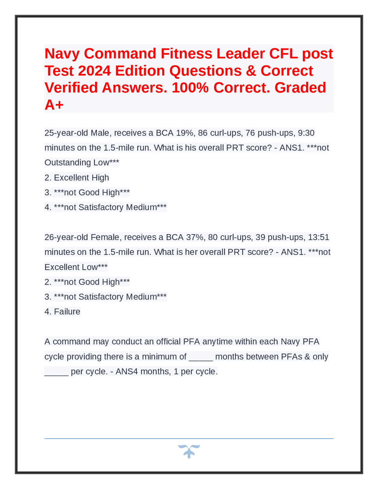 Navy Command Fitness Leader CFL post Test 2024 Edition Questions ...
