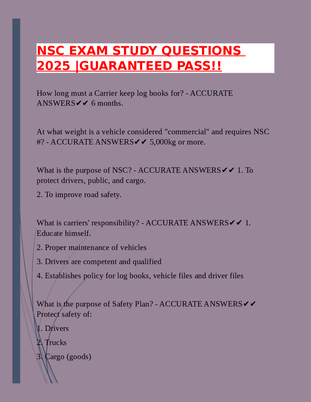 NSC EXAM STUDY QUESTIONS 2025 |GUARANTEED PASS!! | Exams Nursing | Docsity