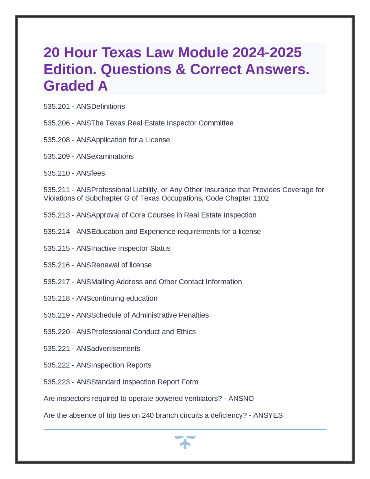 20 Hour Texas Law Module 2024-2025 Edition. Questions & Correct Answers ...