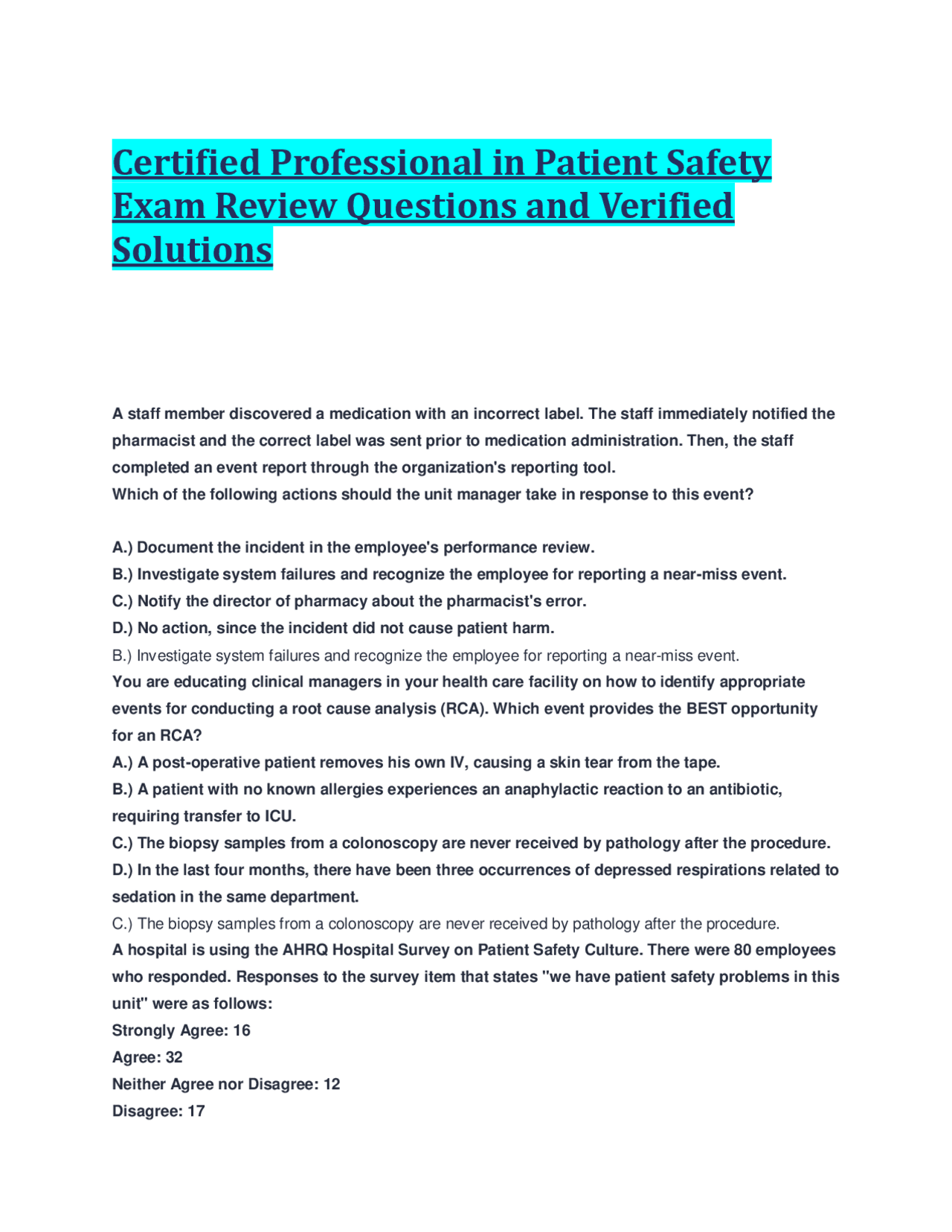 Certified Professional in Patient Safety Exam Review Questions and Verified Solutions | Exams ...