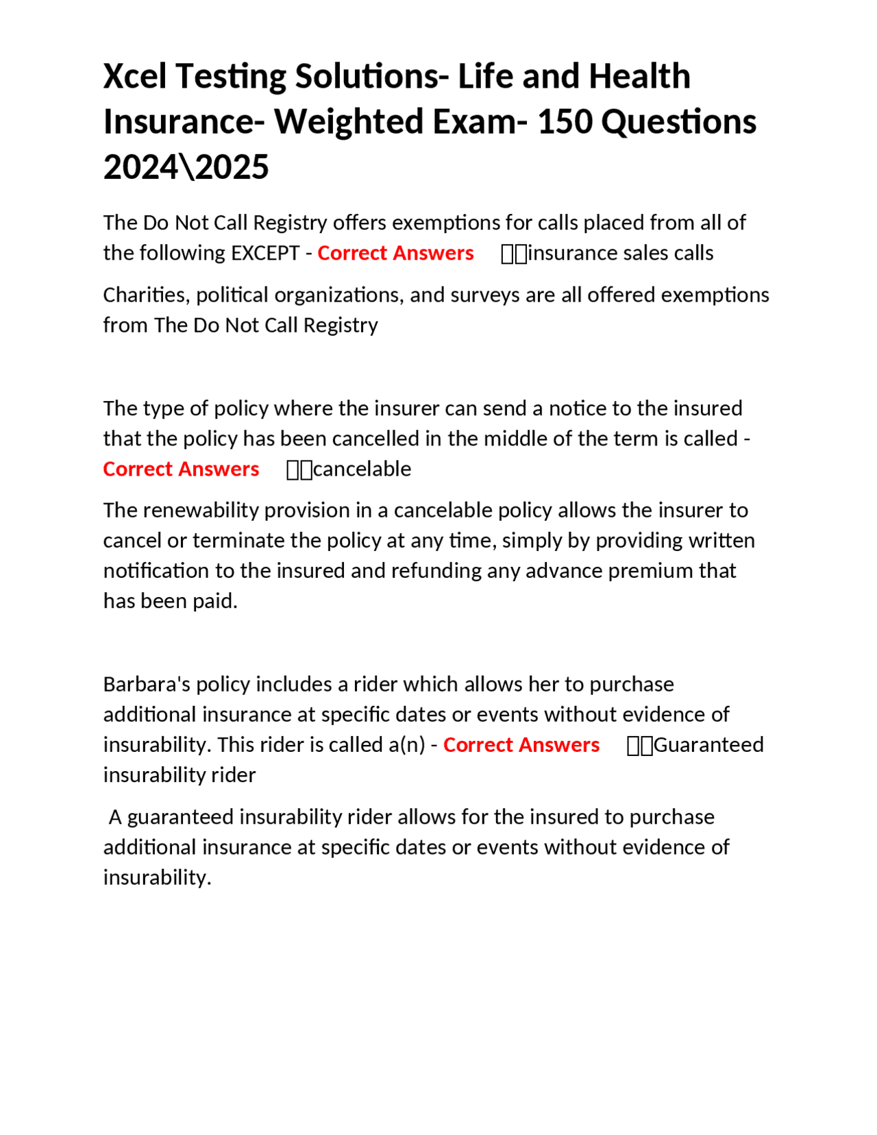 Xcel Testing Solutions- Life and Health Insurance- Weighted Exam- 150 ...