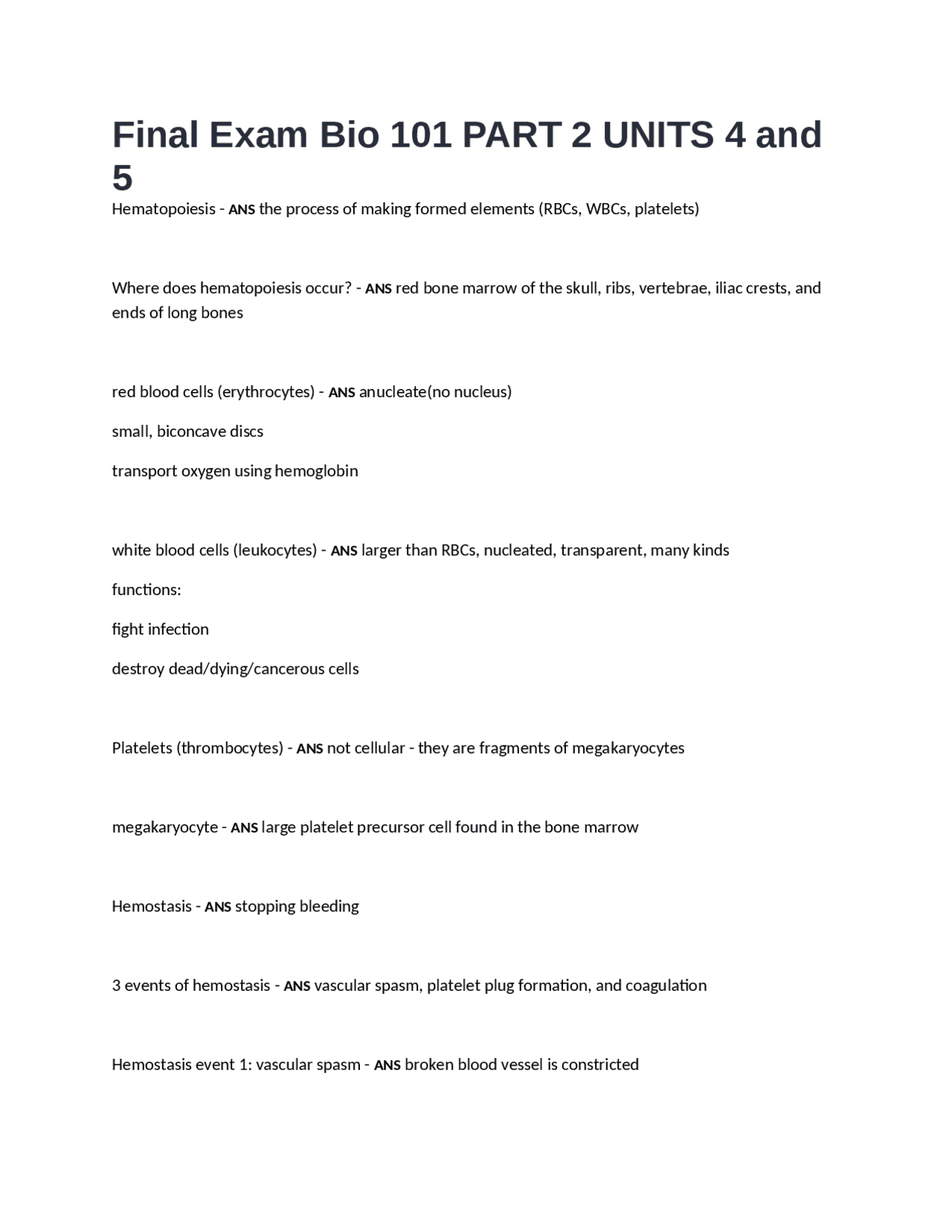 Final Exam Bio 101 PART 2 UNITS 4 and 5 | Exams Biology | Docsity