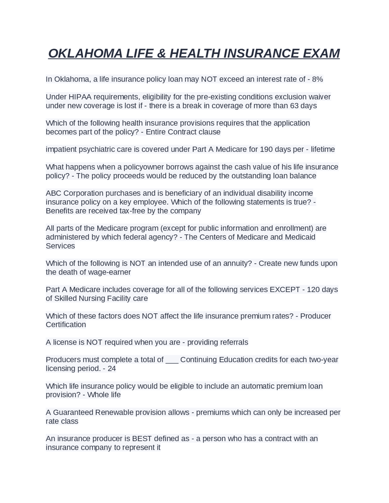 OKLAHOMA INSURANCE LICENSING EXAM | Exams Advanced Education | Docsity