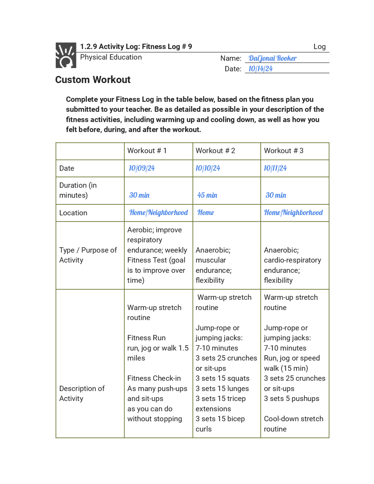 Fitness Log: A Guide to Physical Education Exercises and Workout Plans ...