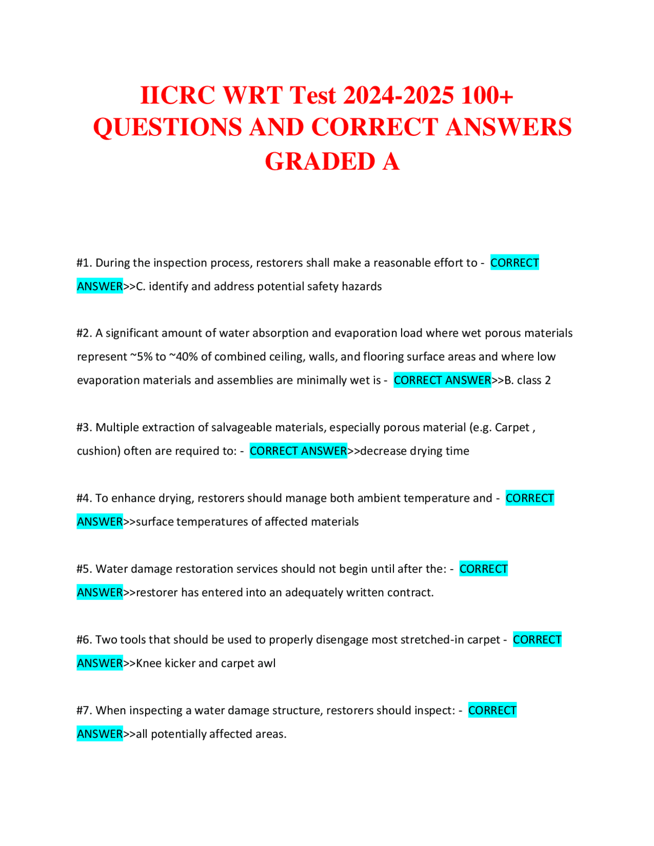IICRC WRT Test 2024-2025 100+ QUESTIONS AND CORRECT ANSWERS GRADED A ...