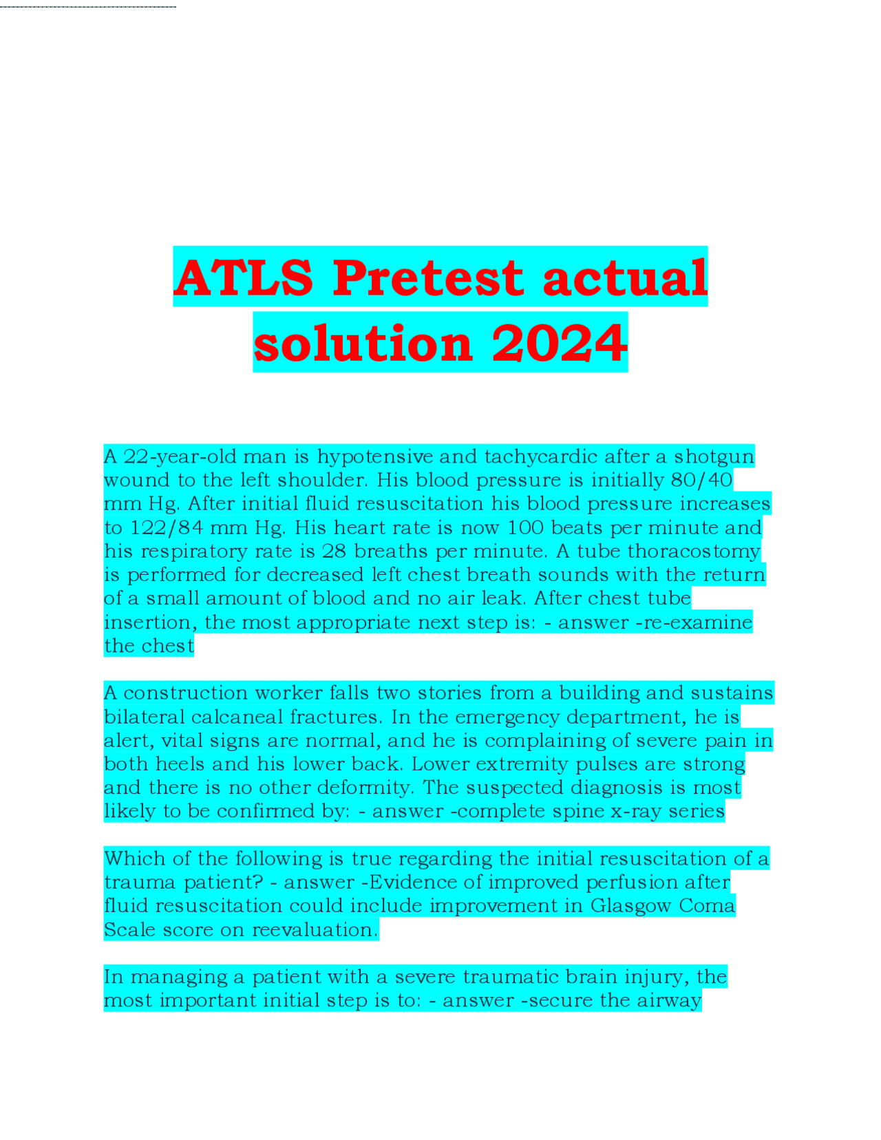 ATLS Pretest actual solution 2024.pdf | Exams Nursing | Docsity